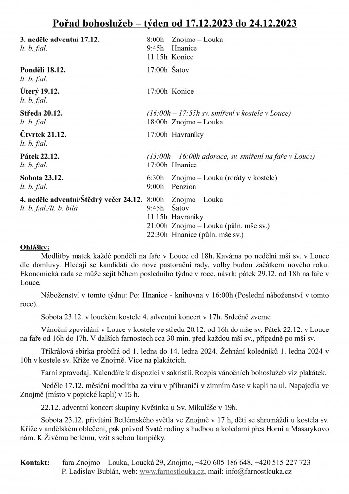 Farnost Znojmo Louka - Ohlášky a mše svaté